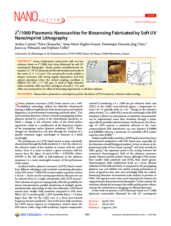 (PDF) lambda3/1000 Plasmonic Nanocavities for Biosensing Fabricated by Soft UV Nanoimprint ...