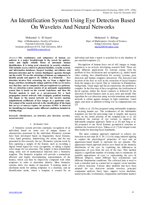 Pdf An Identification System Using Eye Detection Based On Wavelets