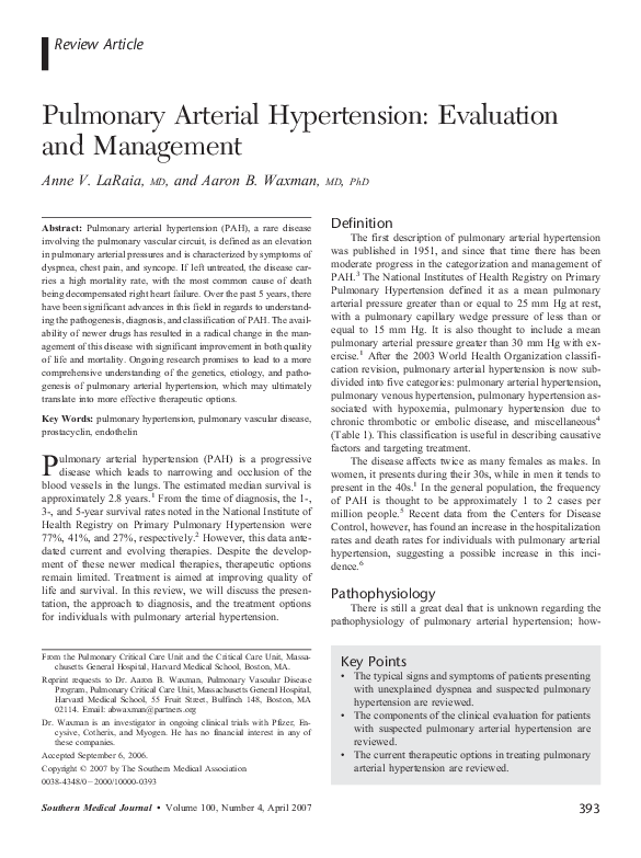 (PDF) Pulmonary Arterial Hypertension: Evaluation and Management