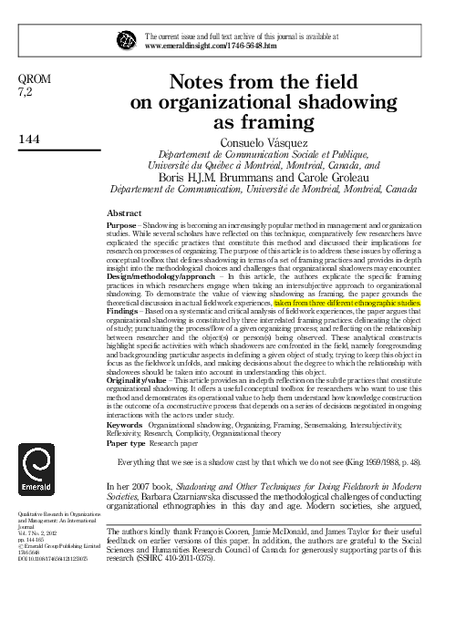 (PDF) Notes from the field on organizational shadowing as framing