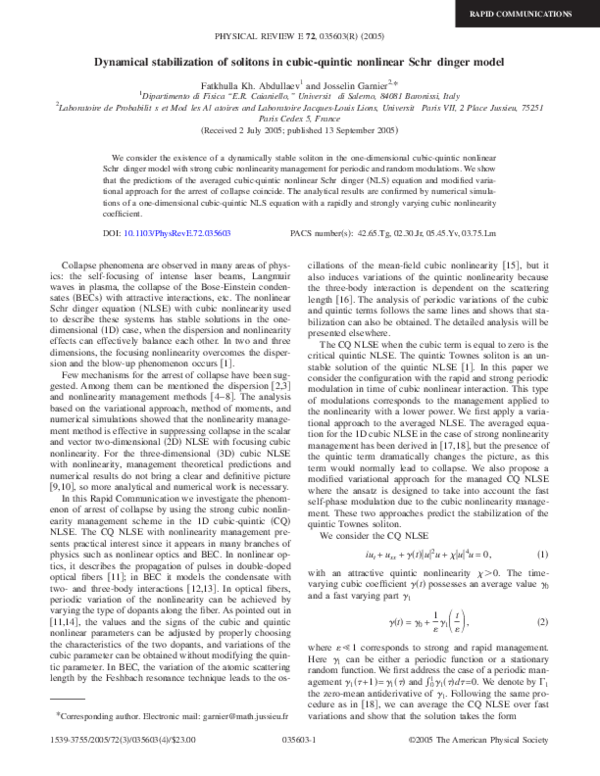 (PDF) Dynamical stabilization of solitons in cubic-quintic nonlinear Schrödinger model