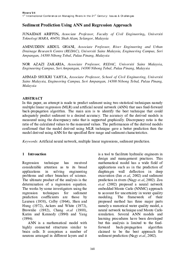 (PDF) Sediment Prediction using ANN and Regression Approach