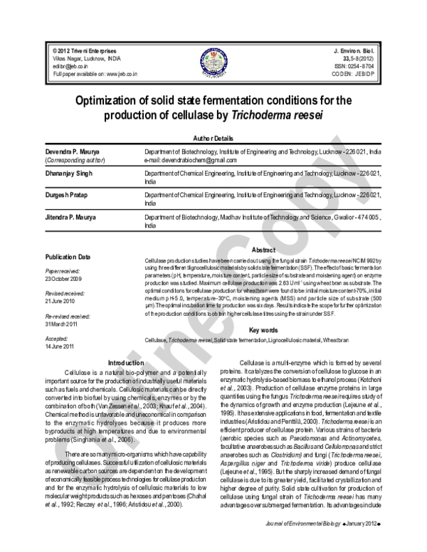 Pdf Optimization Of Solid State Fermentation Conditions For The Production Of Cellulase By