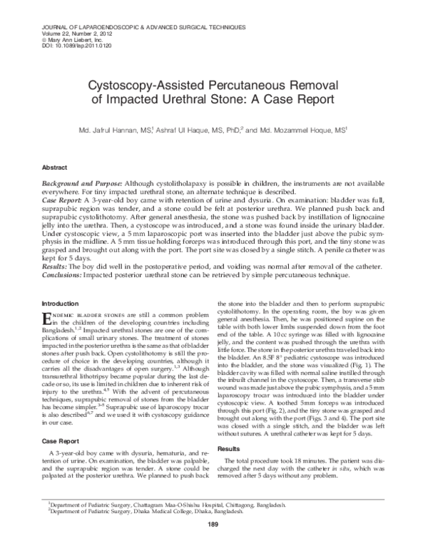 (PDF) Cystoscopy-Assisted Percutaneous Removal of Impacted Urethral ...
