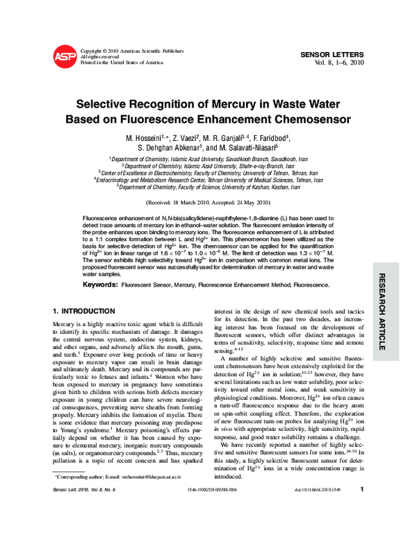 (PDF) Selective Recognition of Mercury in Waste Water Based on Fluorescence Enhancement Chemosensor