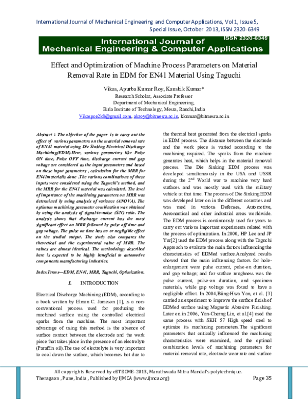Pdf Effect And Optimization Of Machine Process Parameters On Material