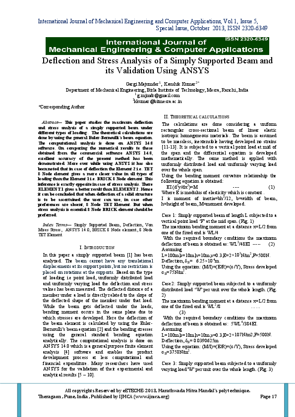 Pdf Deflection And Stress Analysis Of A Simply Supported Beam And Its Validation Using Ansys