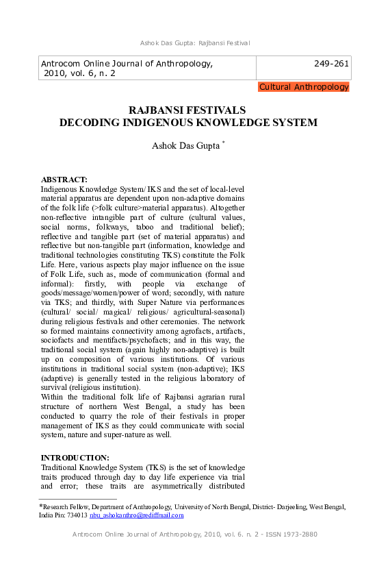 (PDF) Ashok Das Gupta: RAJBANSI FESTIVALS DECODING INDIGENOUS KNOWLEDGE ...