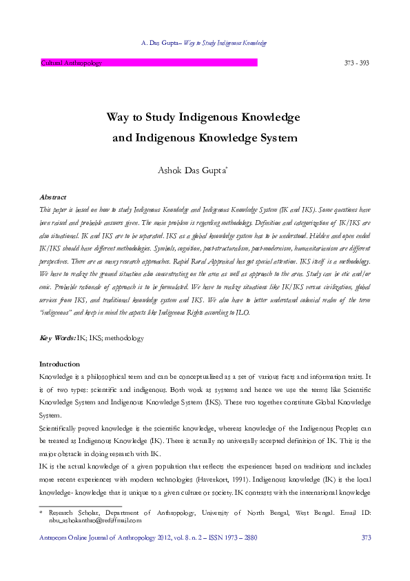 (PDF) A. Das Gupta– Way to Study Indigenous Knowledge and Indigenous ...