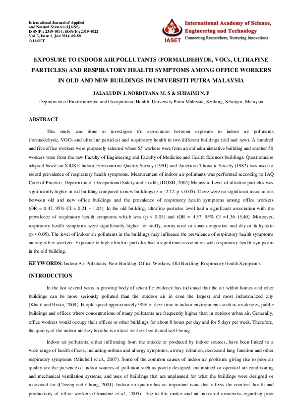 (PDF) EXPOSURE TO INDOOR AIR POLLUTANTS (FORMALDEHYDE, VOCs, ULTRAFINE ...