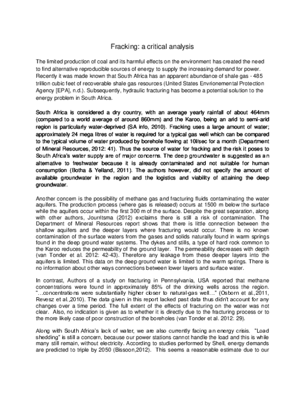 Doc Critical Analysis On Hydraulic Fracturing