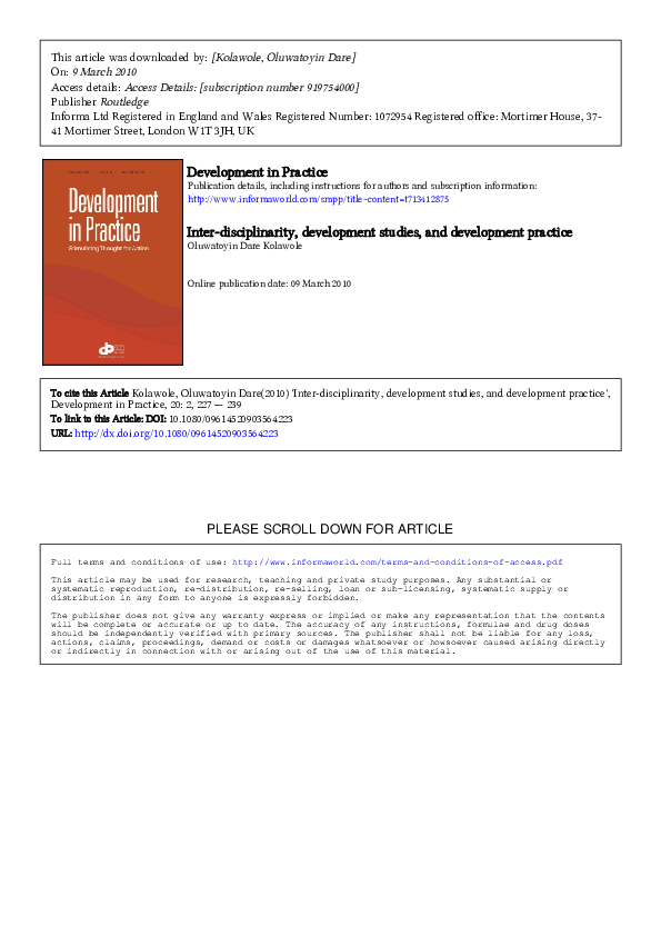 (PDF) Interdisciplinarity, development studies, and development practice