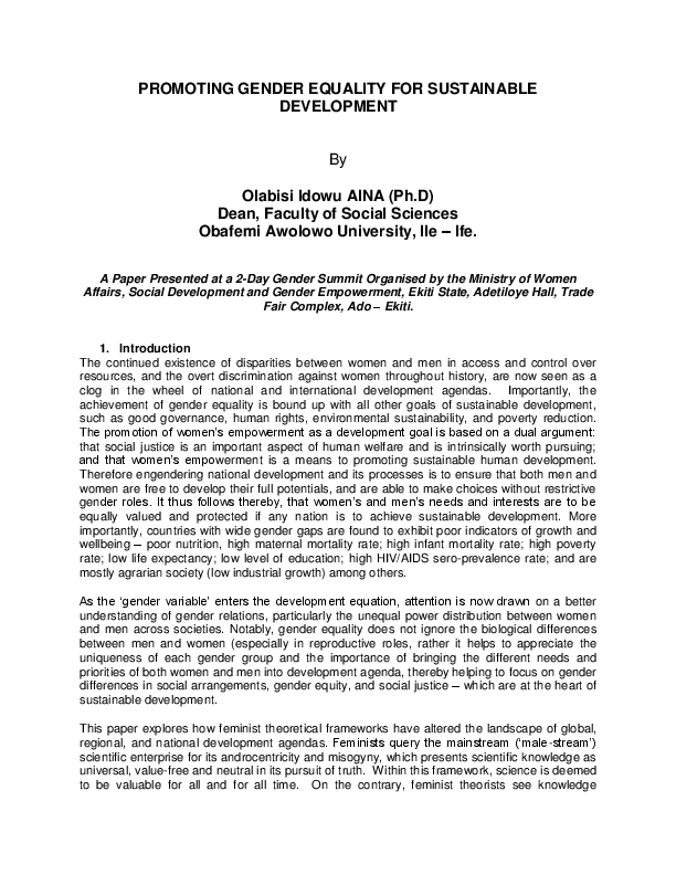 (PDF) PROMOTING GENDER EQUALITY FOR SUSTAINABLE DEVELOPMENT A Paper ...