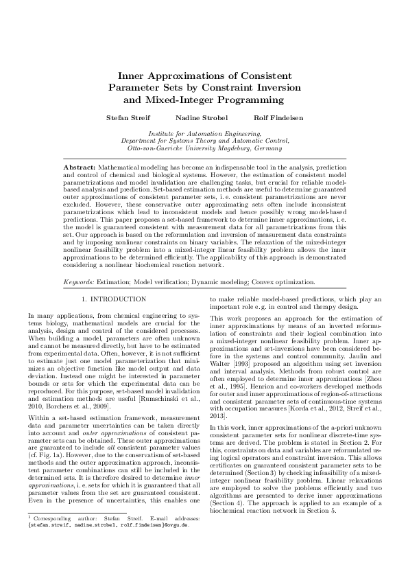 Inner Approximations Of Consistent Parameter Sets By Constraint