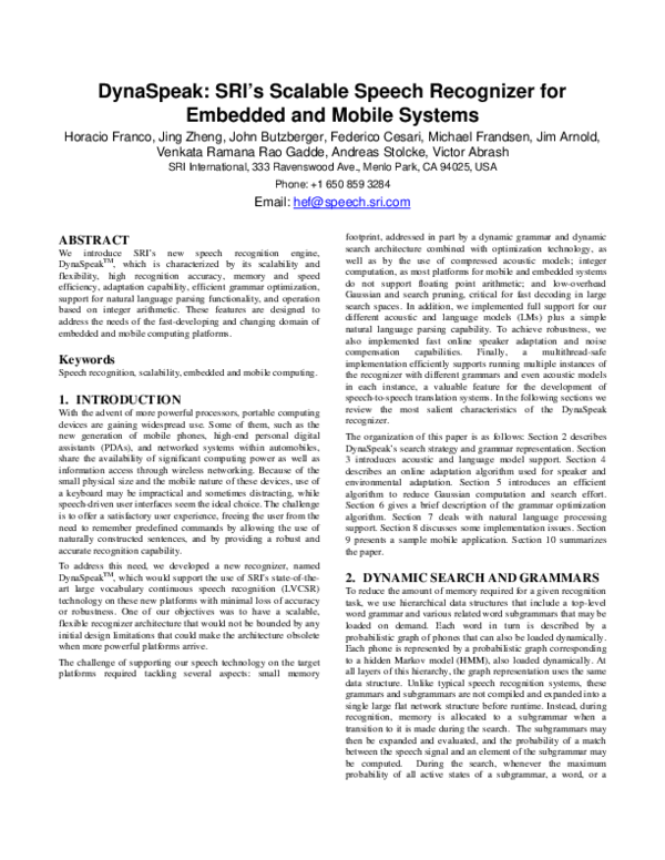 (PDF) DynaSpeak: SRI's Scalable Speech Recognizer for Embedded and Mobile Systems