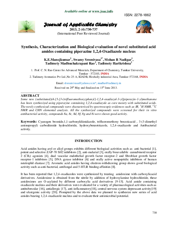 (PDF) Synthesis, Characterization and Biological evaluation of novel substituted acid amides ...