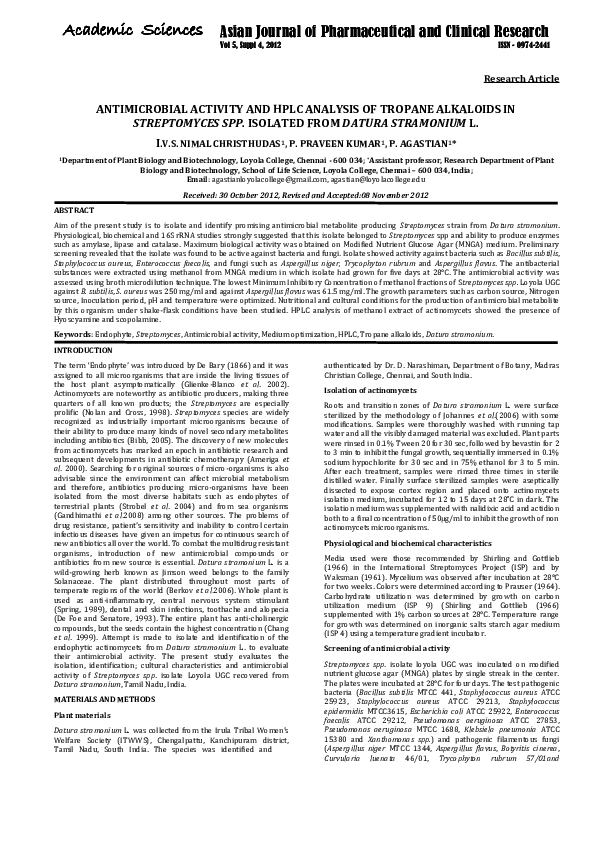 (PDF) ANTIMICROBIAL ACTIVITY AND HPLC ANALYSIS OF TROPANE ALKALOIDS IN ...