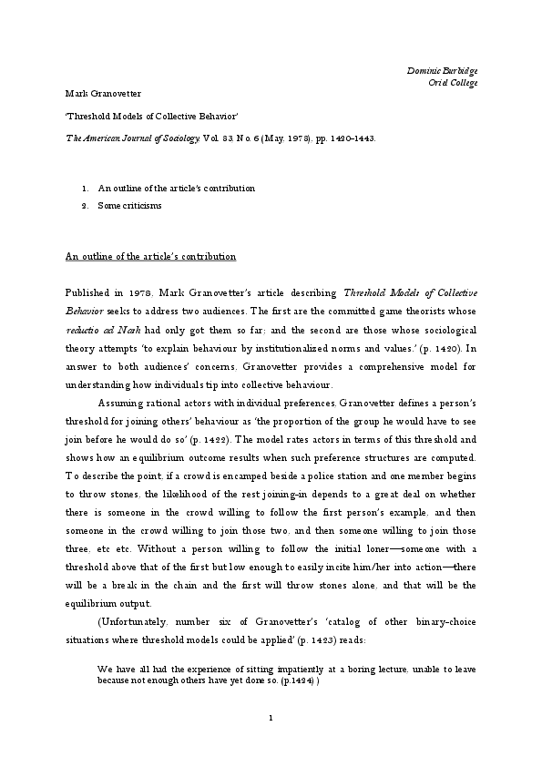 (PDF) Granovetter’s Threshold Models of Collective Behaviour
