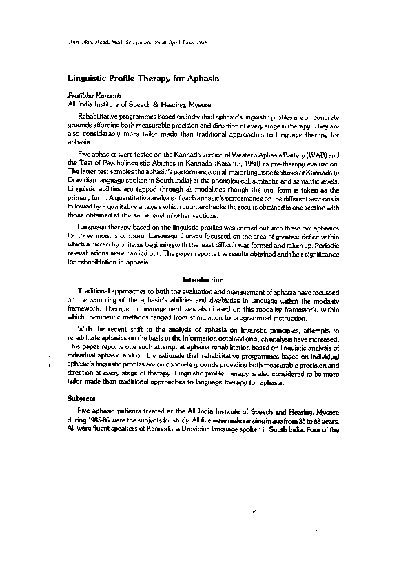(PDF) Linguistic Profile Therapy for Aphasia