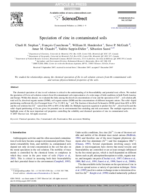(PDF) Speciation of zinc in contaminated soils