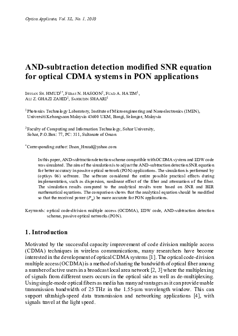 Pdf And Subtraction Detection Modified Snr Equation For Optical Cdma Systems In Pon Applications