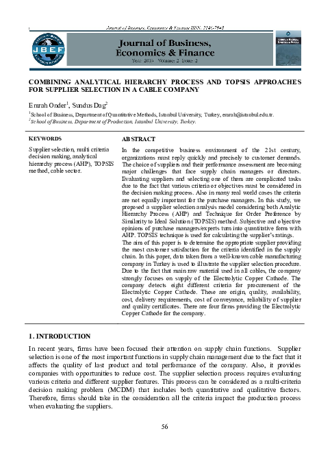 Pdf Combining Analytical Hierarchy Process And Topsis Approaches For Supplier Selection In A