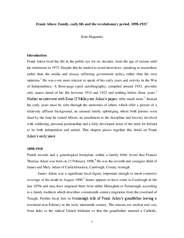 (PDF) Frank Aiken - Family and Early Life, 1898-1921