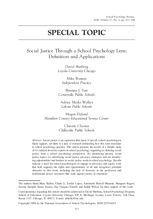 (PDF) SPECIAL TOPIC Social Justice Through a School Psychology Lens ...
