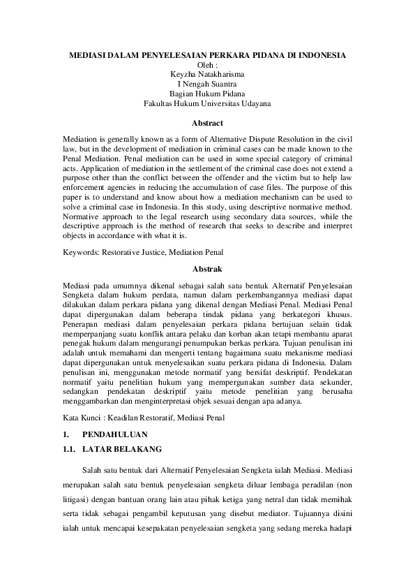 (PDF) MEDIASI DALAM PENYELESAIAN PERKARA PIDANA DI INDONESIA Oleh
