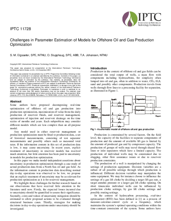 Pdf Challenges In Parameter Estimation Of Models For Offshore Oil And Gas Production Optimization