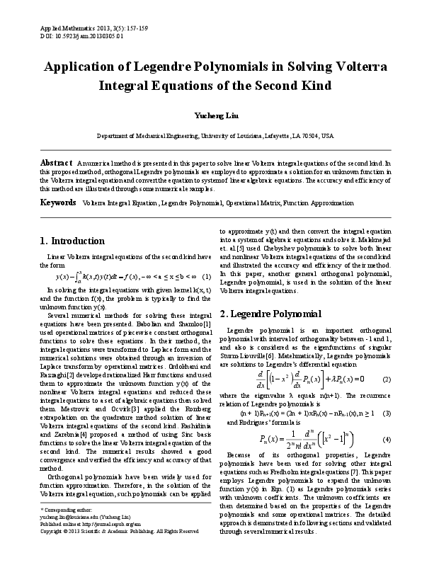 Pdf Application Of Legendre Polynomials In Solving Volterra Integral Equations Of The Second Kind