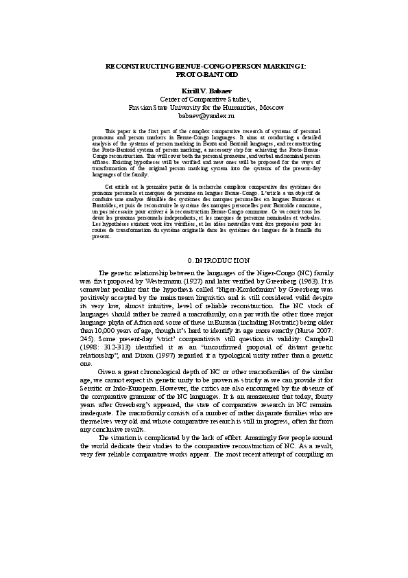 (PDF) Reconstructing Benue-Congo person marking I: Proto-Bantoid