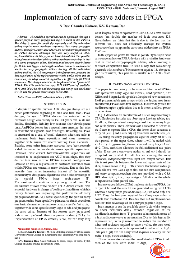 Pdf Implementation Of Carry Save Adders In Fpga