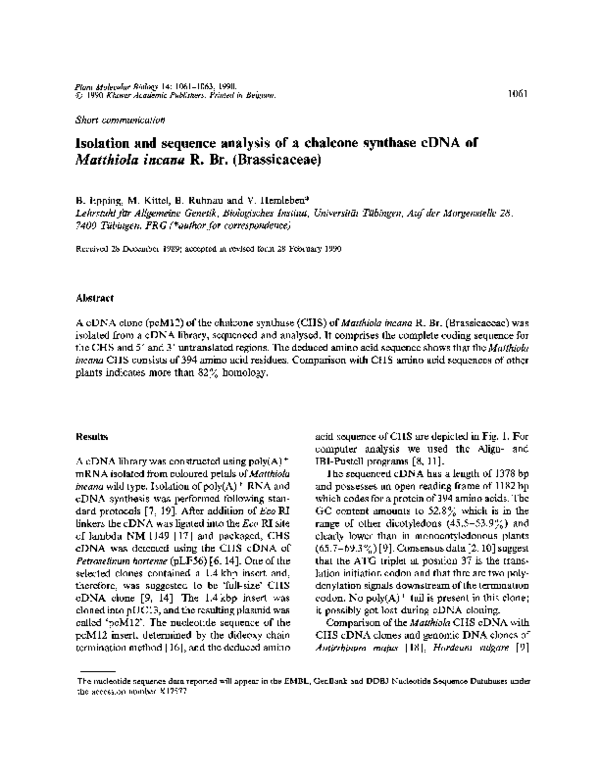 (PDF) Isolation and sequence analysis of a chalcone synthase cDNA of Matthiola incana R. Br ...