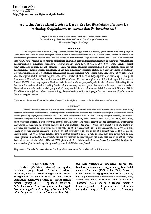 (PDF) Aktivitas Antibakteri Ekstrak Herba Krokot (Portulaca oleracea L.) terhadap Staphylococcus ...