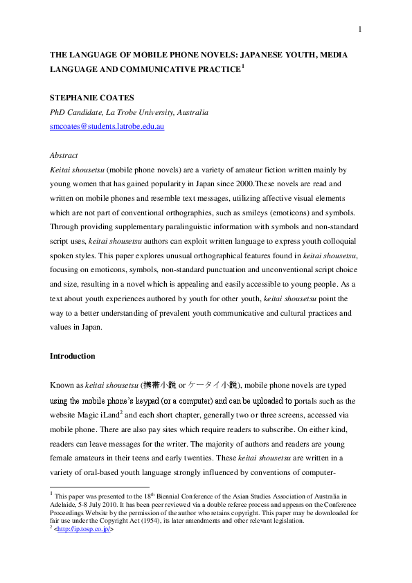 (PDF) THE LANGUAGE OF MOBILE PHONE NOVELS: JAPANESE YOUTH, MEDIA ...
