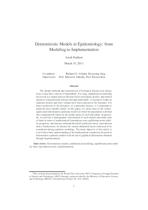 (PDF) Deterministic Models in Epidemiology: from Modeling to Implementation