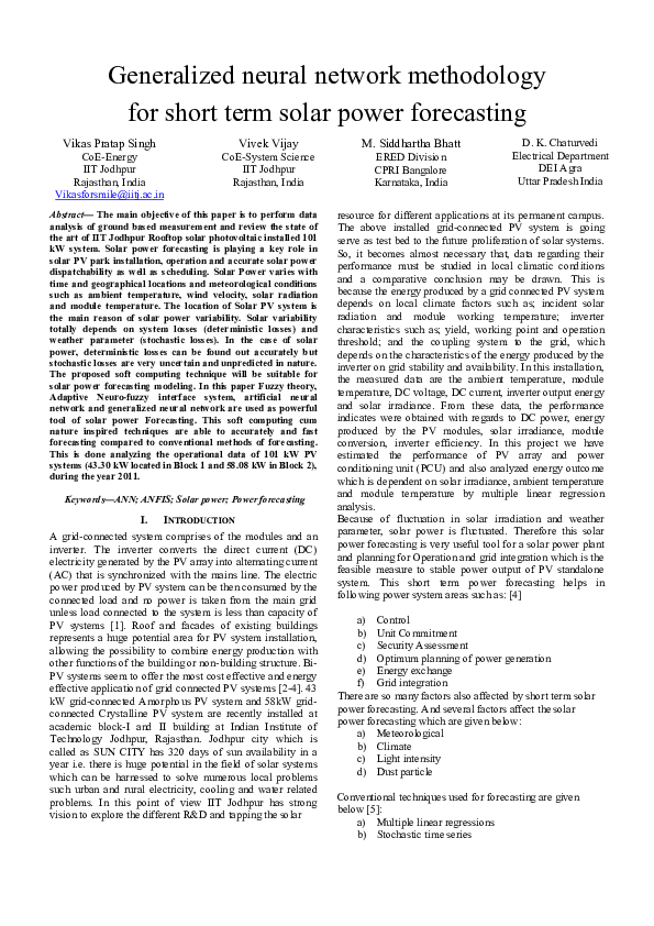 Pdf Generalized Neural Network Methodology For Short Term Solar Power