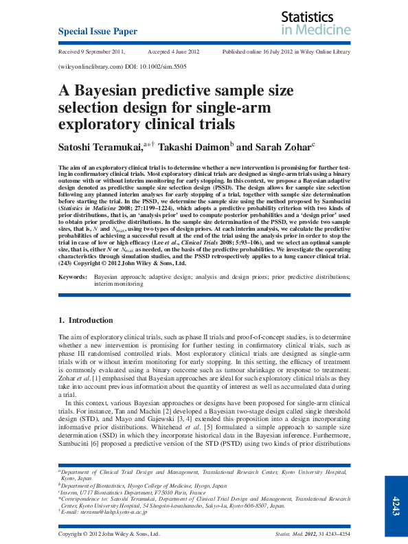 (PDF) Special Issue Paper A Bayesian predictive sample size selection design for single-arm ...