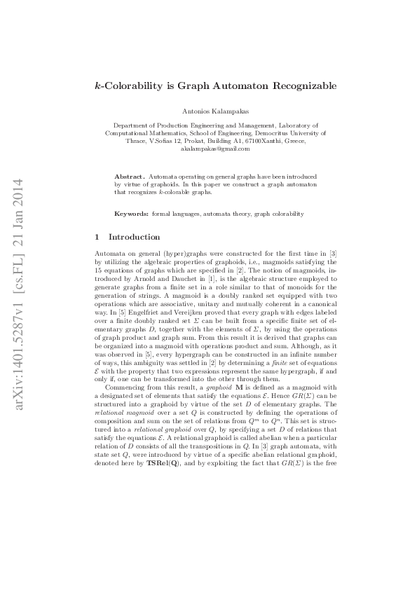 (PDF) k-Colorability is Graph Automaton Recognizable