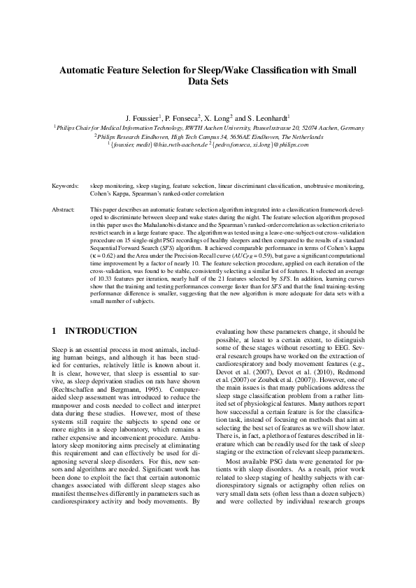 Pdf Automatic Feature Selection For Sleepwake Classification With Small Data Sets