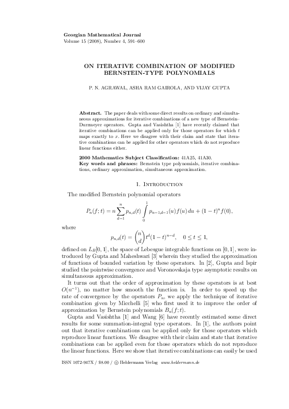 Pdf On Iterative Combination Of Modified Bernstein Type Polynomials