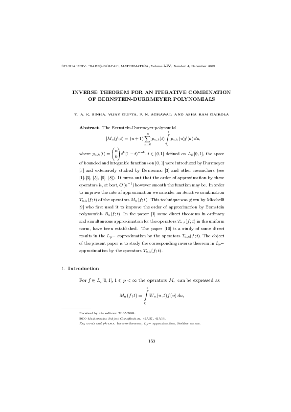 Pdf Inverse Theorem For An Iterative Combination Of Bernstein Durrmeyer Polynomials Asha Ram