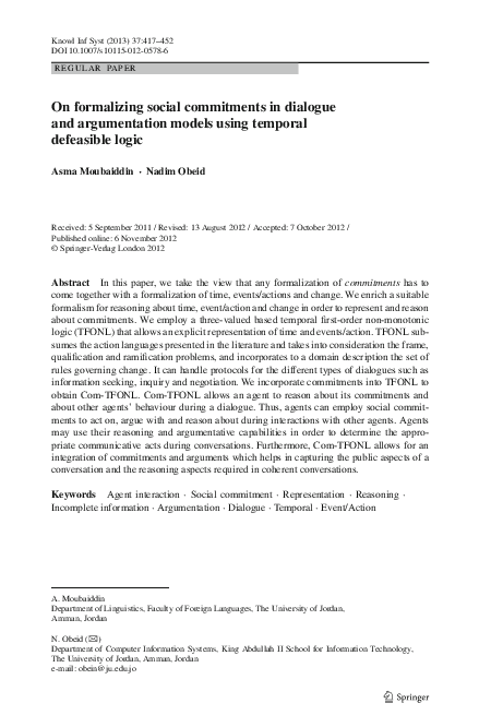 Pdf On Formalizing Social Commitments In Dialogue And Argumentation Models Using Temporal