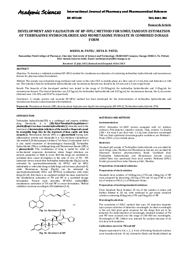 Pdf Rp Hplc Method For Simultaneous Estimation Of Terbinafine Hydrochloride And Mometasone Furoate