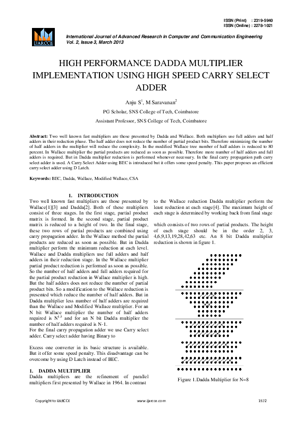 Pdf High Performance Dadda Multiplier Implementation Using High Speed Carry Select Adder