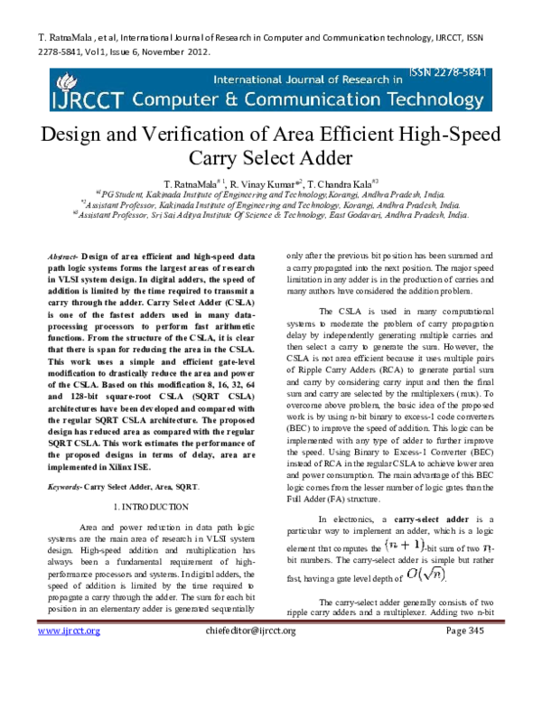 (PDF) Design and Verification of Area Efficient High-Speed Carry Select Adder