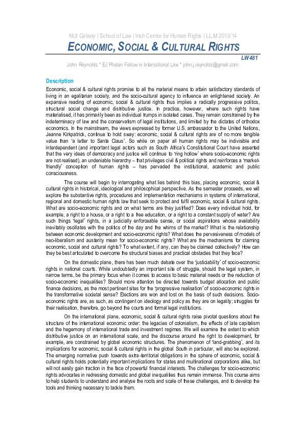 (PDF) Economic, Social & Cultural Rights [2014] Syllabus