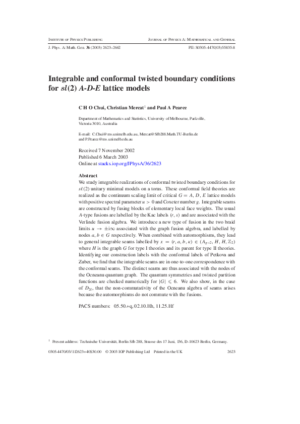 (PDF) Integrable and conformal twisted boundary conditions for sl(2 ...
