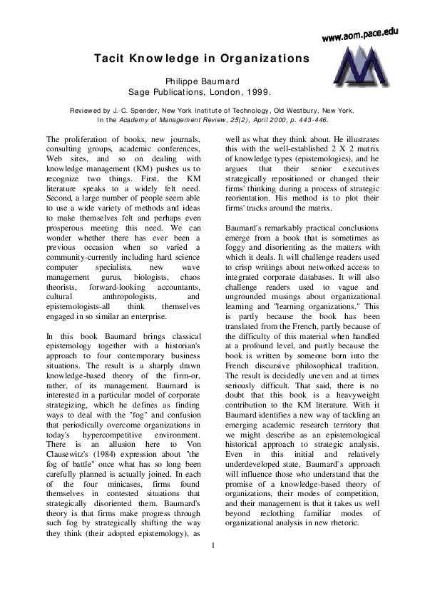 (PDF) Tacit Knowledge in Organizations